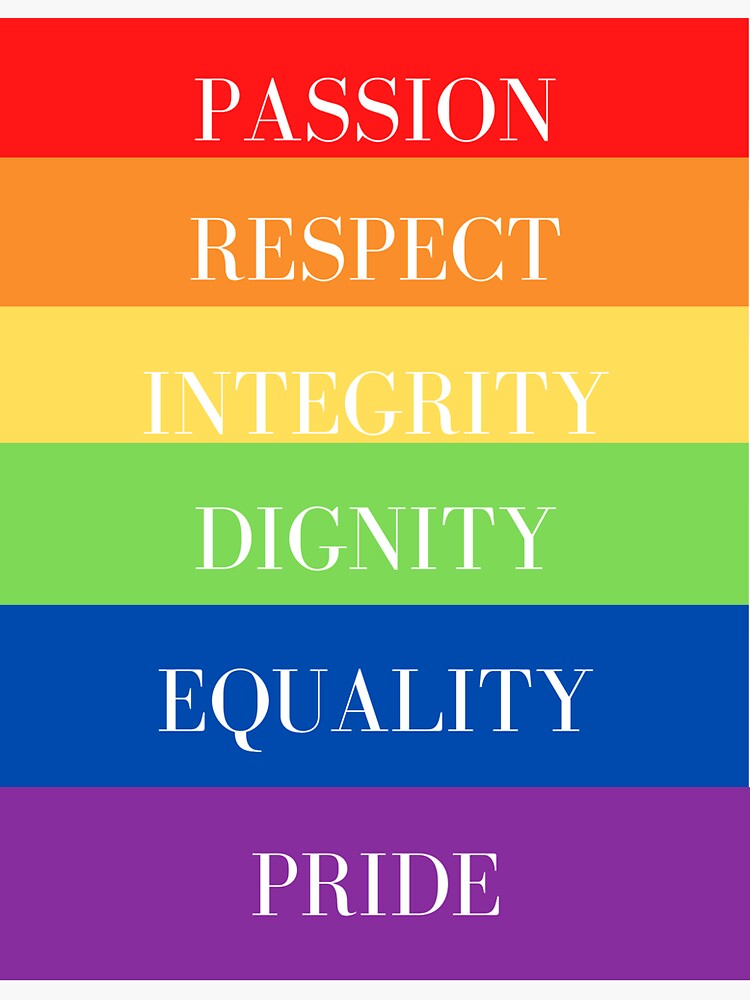 "Pride flag passion integrity dignity equality pride" Sticker for Sale ...