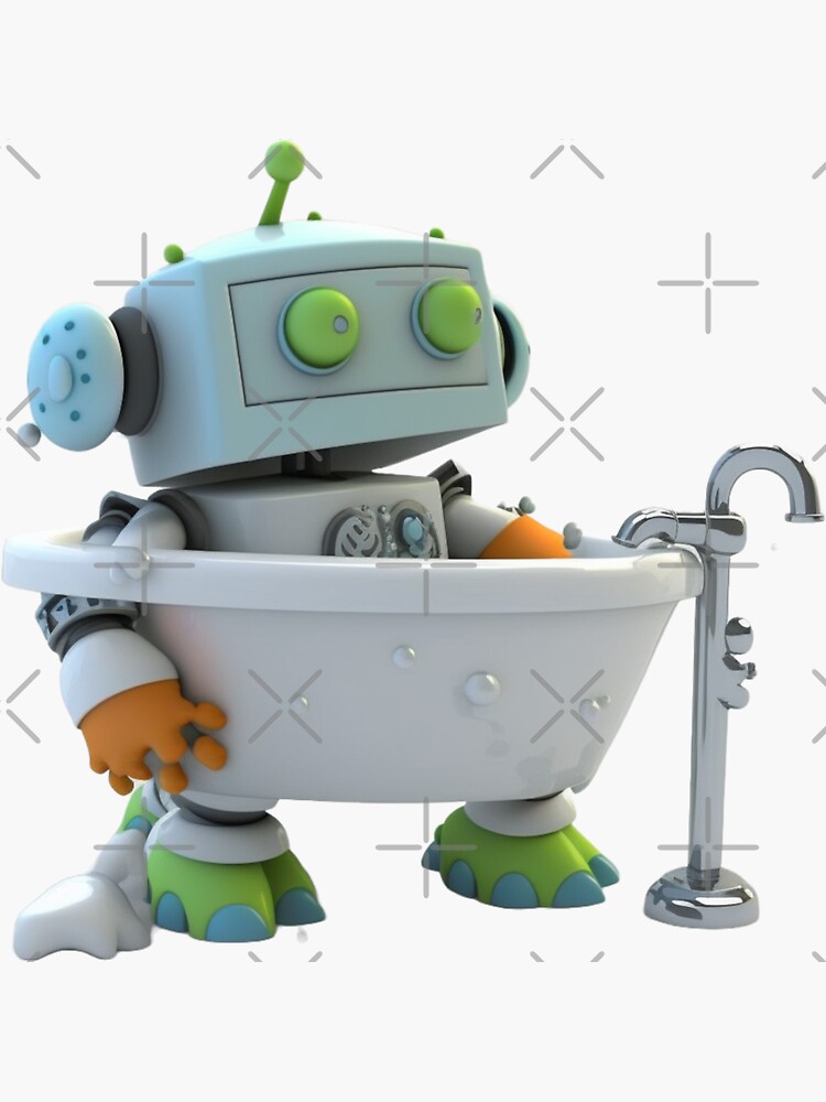 "Robot Art Robot Taking a Bath With Buggy Green Eyes" Sticker for Sale ...