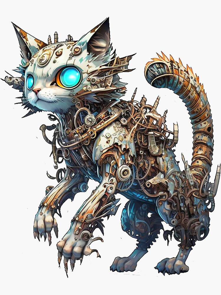 "Magical Mechanical Meow - Cyber-Kitty of the Depths" Sticker for Sale ...