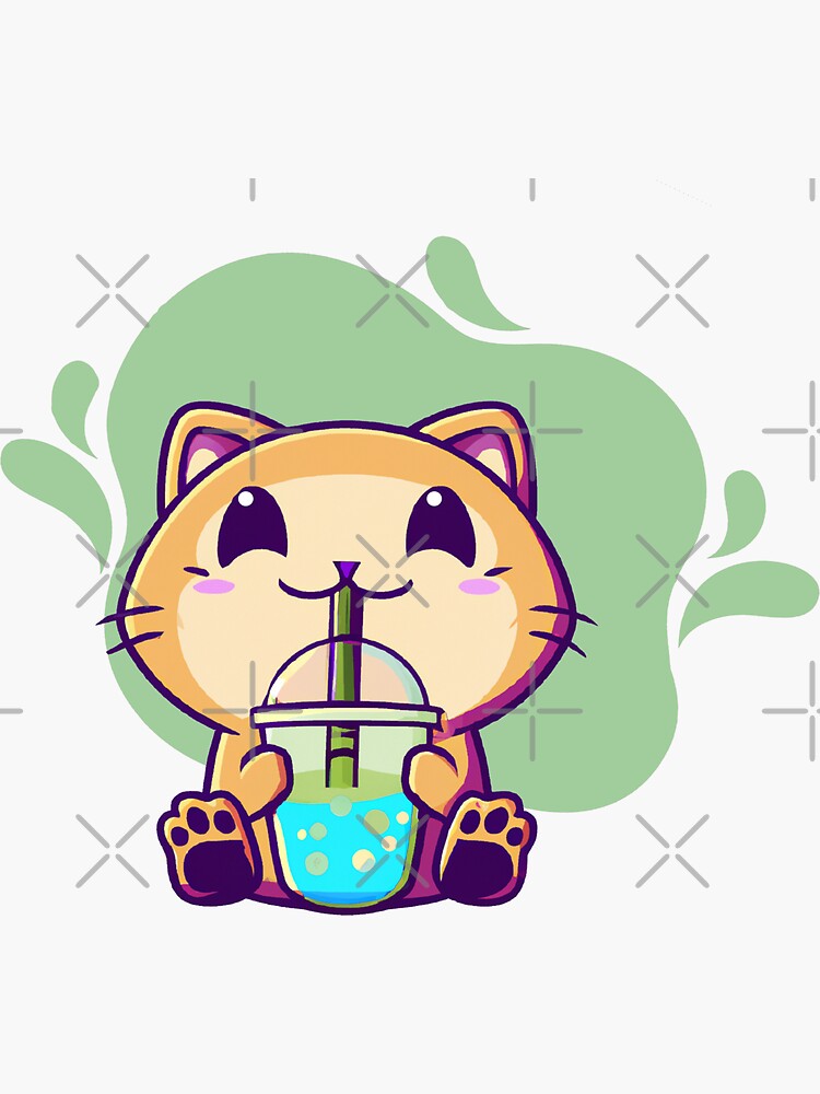 "Kawaii Anime Cat Drinking Boba Tea - Light Greens" Sticker for Sale by ...