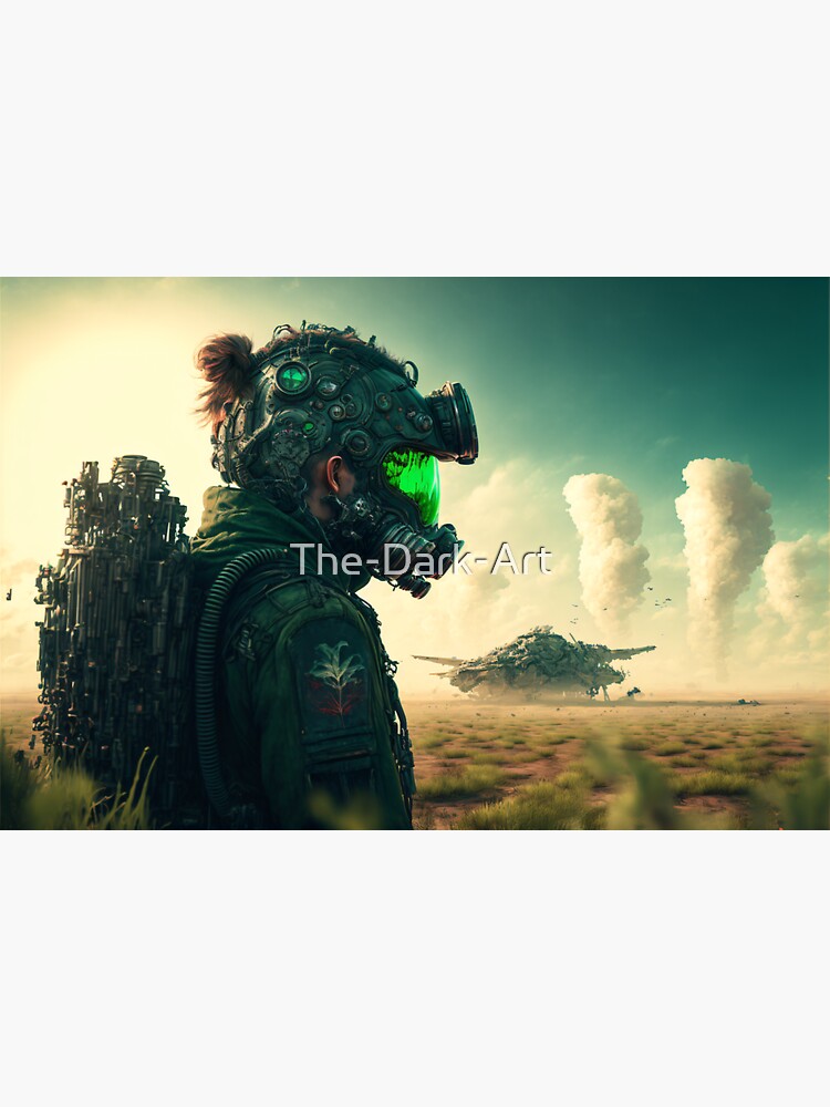 "Cyberpunk Soldier Standing in a Desolate Landscape" Sticker for Sale ...