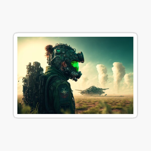 "Cyberpunk Soldier Standing in a Desolate Landscape" Sticker for Sale ...