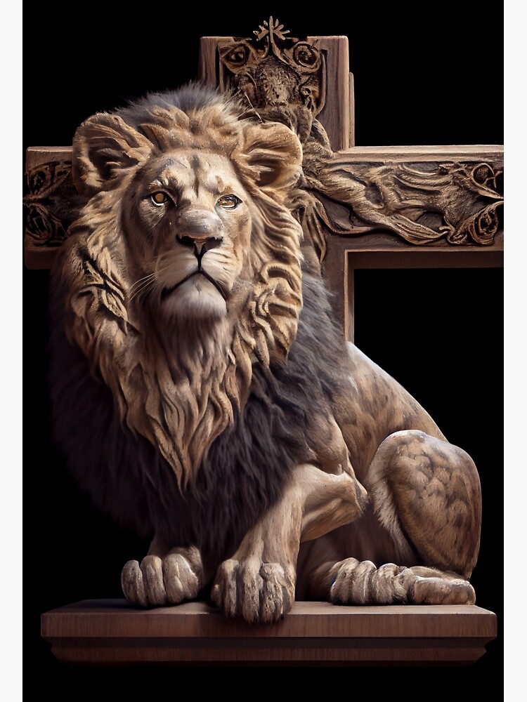 "Hyperrealistic Lion and Wooden Cross Design - Symbolizing the Lion of ...