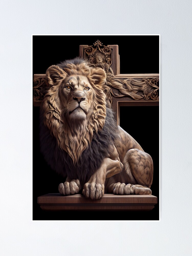 "Hyperrealistic Lion and Wooden Cross Design - Symbolizing the Lion of ...
