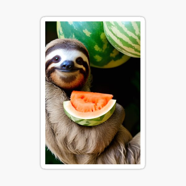 "A sloth holding cantaloupe and eating a watermelon in a temple ...