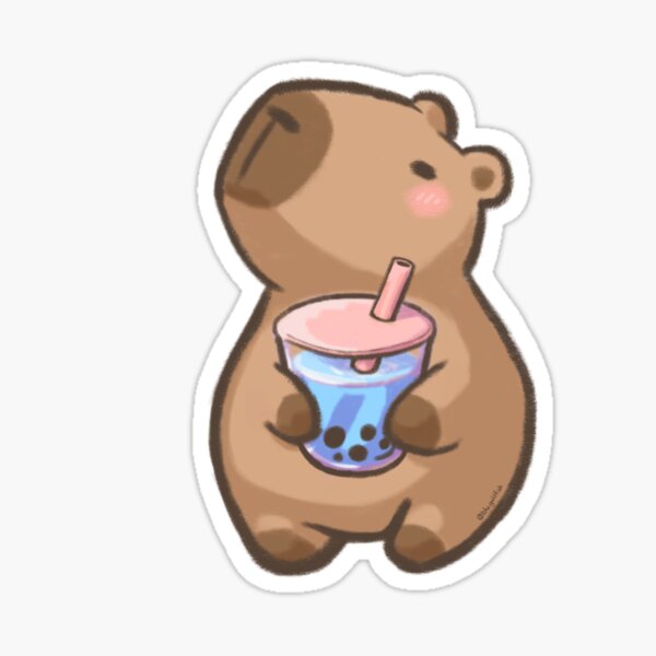 "Simple capybara sitting and holding blue boba" Sticker for Sale by ...