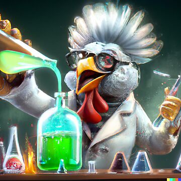 "Chicken scientist mixing sparkling chemicals, digital art" Sticker for ...
