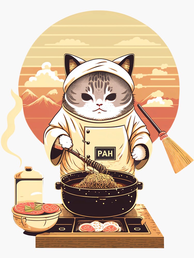 "Chef Meow cousine with sunset behind" Sticker for Sale by ...