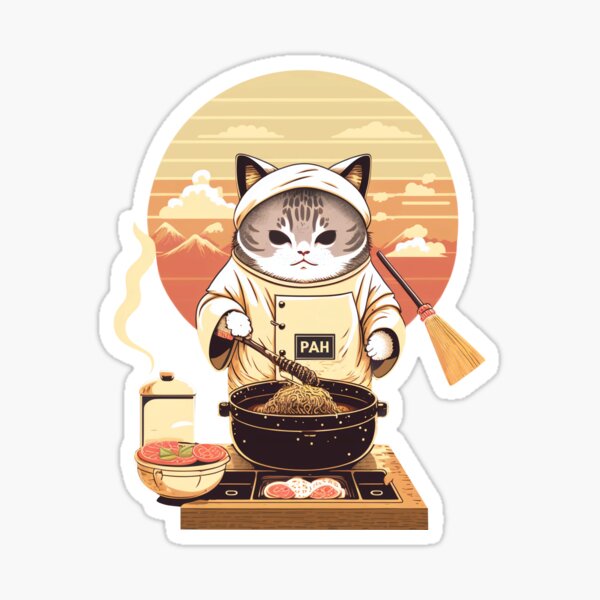 "Chef Meow cousine with sunset behind" Sticker for Sale by ...