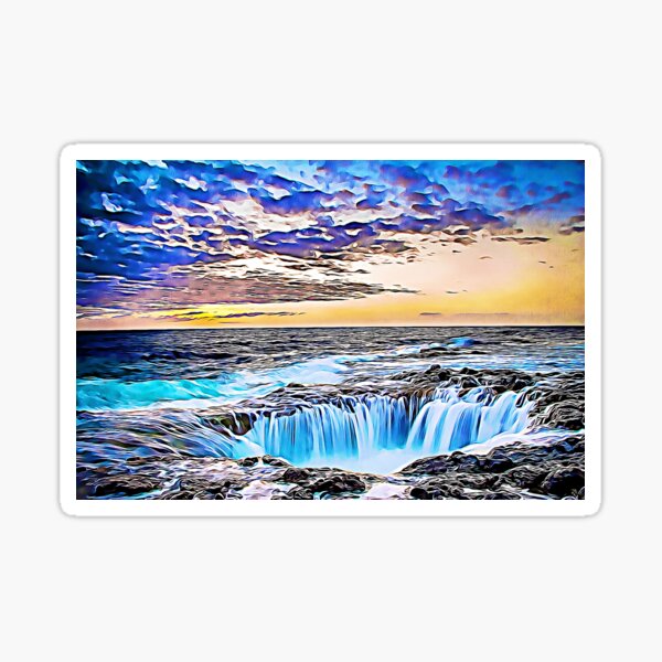 "Beautiful waterfalls under cloudy sunset sky vibrant painting" Sticker ...