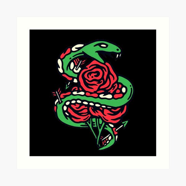 "Traditional Green Serpent and Red Rose Stabbed with Arrows Tattoo" Art ...