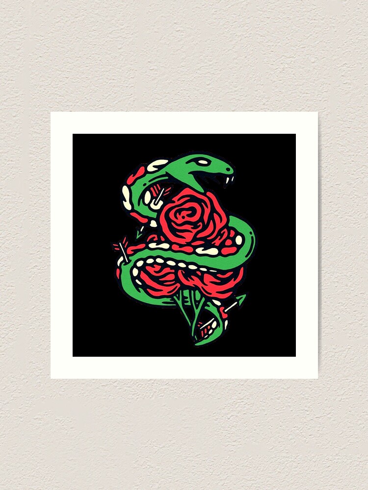 "Traditional Green Serpent and Red Rose Stabbed with Arrows Tattoo" Art ...