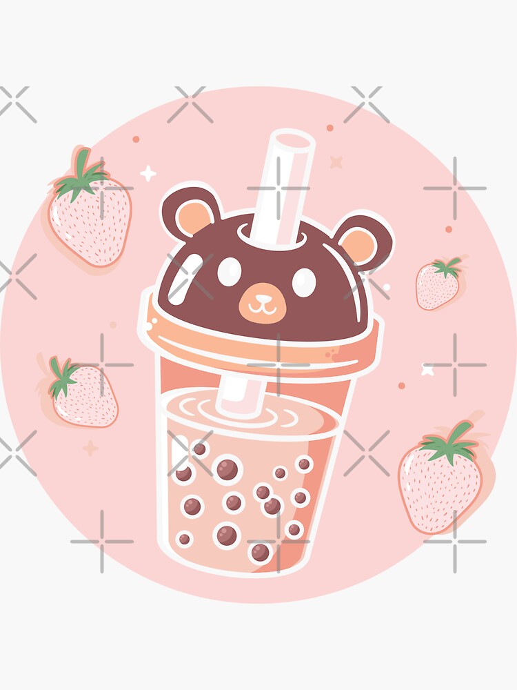 "Boba Bear Cup with strawberries" Sticker for Sale by Nakikej | Redbubble