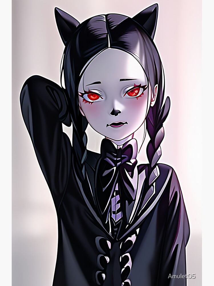 "Wednesday Addams with cat hears in an anime style" Sticker for Sale by ...