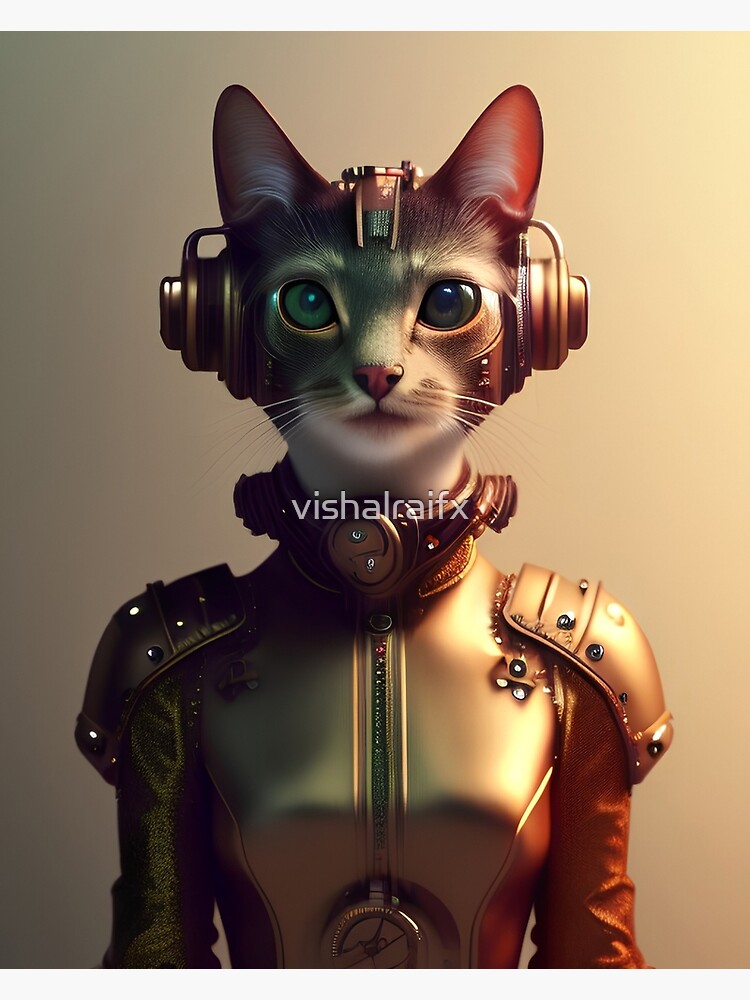 "Cool steampunk armored cat portrait wearing metal armor suit with fol ...