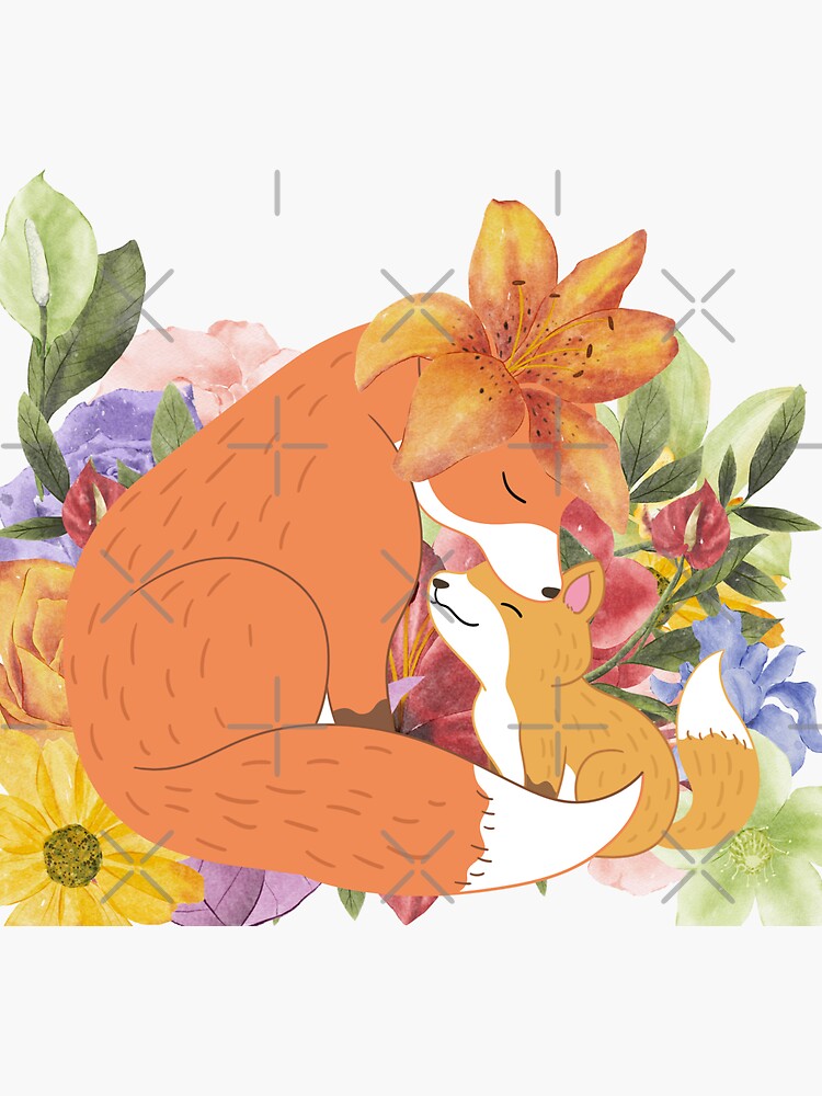 "Fox and Floral Watercolor, Cute Red Fox and Cub Surrounded By Watercolor Florals, Foxcub ...
