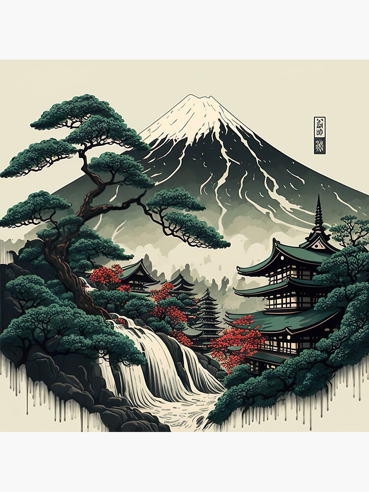 "Japanese Old Mountain ukiyoe art waterfall" Sticker for Sale by Makoto ...