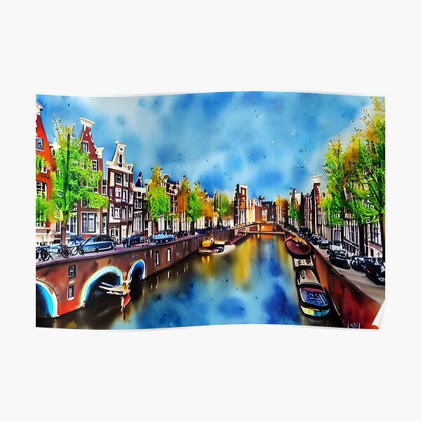 "Amsterdam Watercolor Art, City Landscape, Amsterdam Artwork" Poster ...