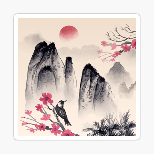 "Traditional hand painted Chinese Japanese ink art bird Sakura mountain ...