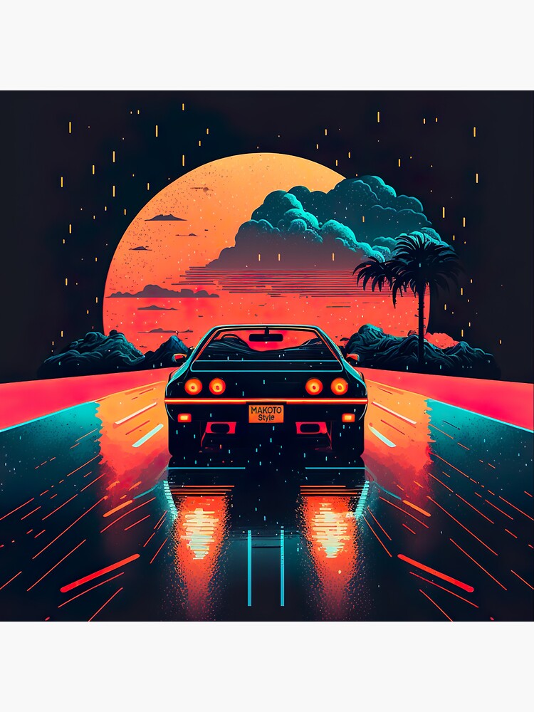 "retrowave car highway" Sticker for Sale by Makoto-Styl | Redbubble