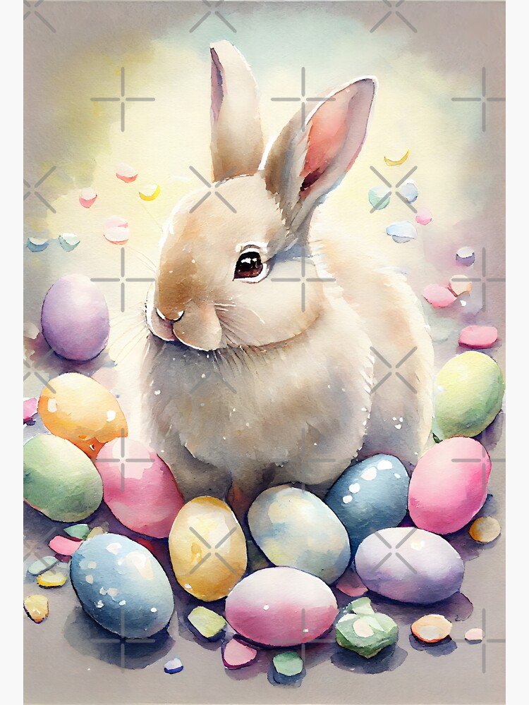 "Cute Fluffy Easter Bunny with Pastel Painted Easter Eggs Watercolor ...