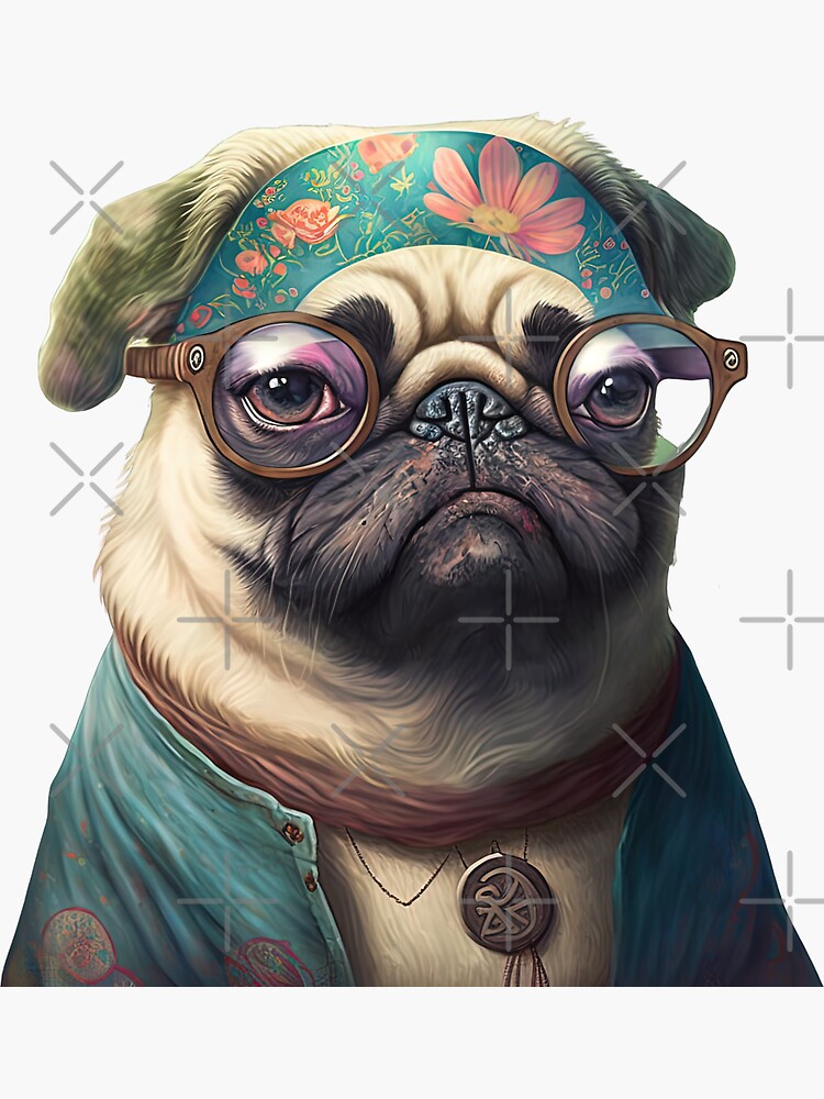 "Hippy pug" Sticker for Sale by AnimalArtPhotos | Redbubble
