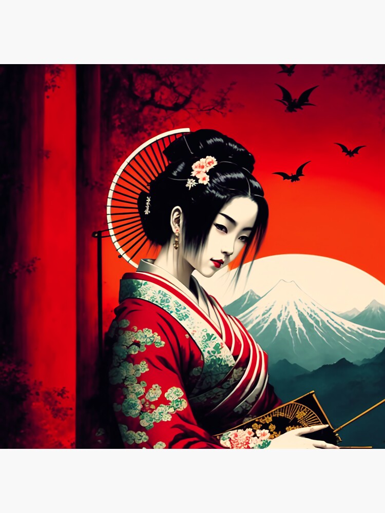 "Mysterious Geisha in Kimono - 2d Original Artwork" Sticker for Sale by ...