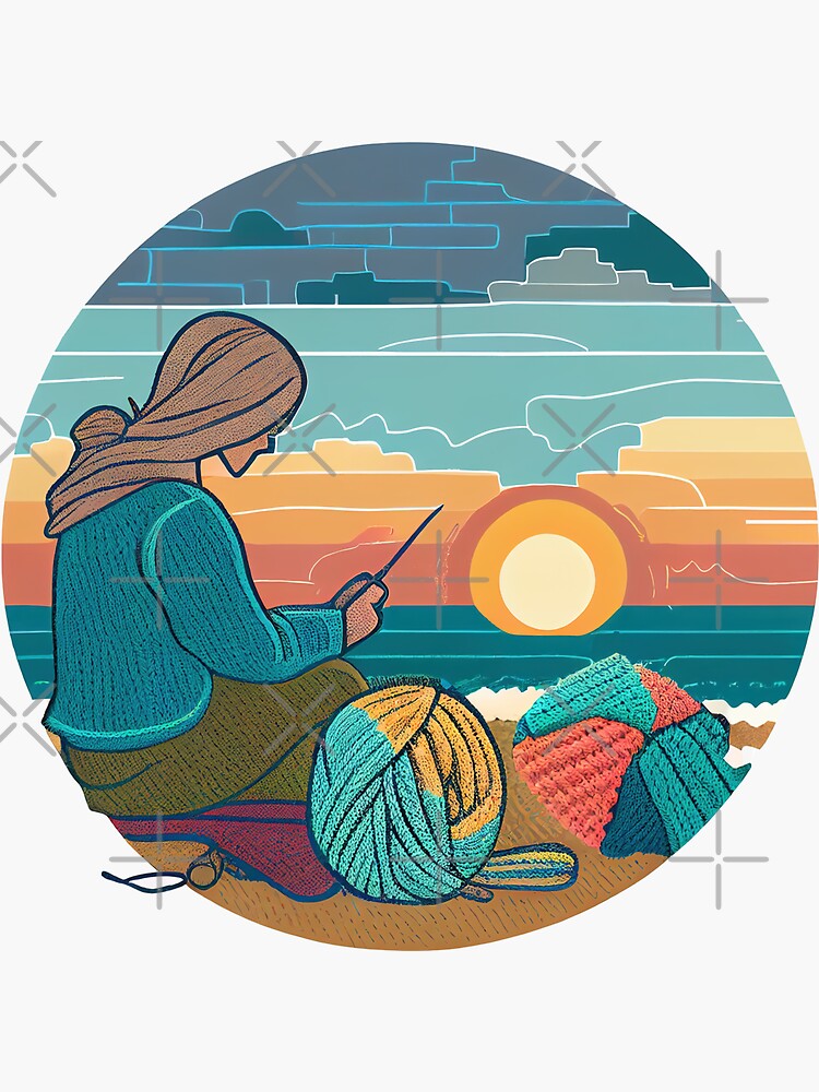 "Mom Knitting beside a beach during a beautiful sunset IV" Sticker for Sale by Zayar-Paing-Soe ...