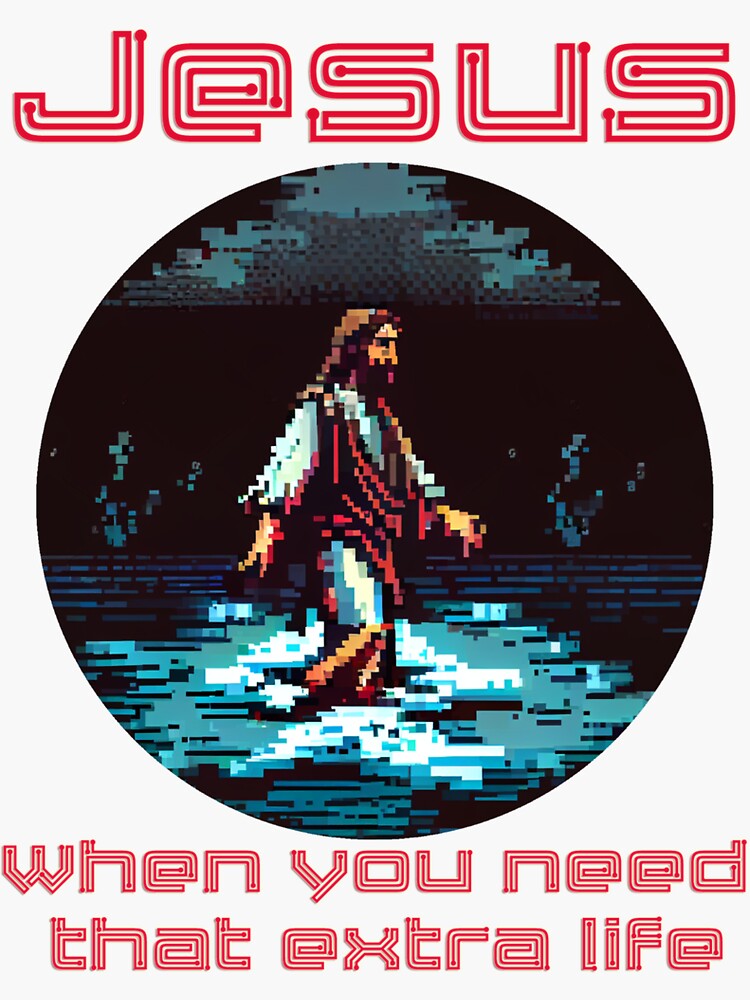 "8-Bit Jesus Walking on Water: Fun Christian Gaming Design" Sticker for ...