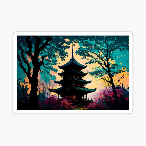"Shinto Temple Kyoto in Spring | Abstract Oil Painting Kyoto" Sticker ...