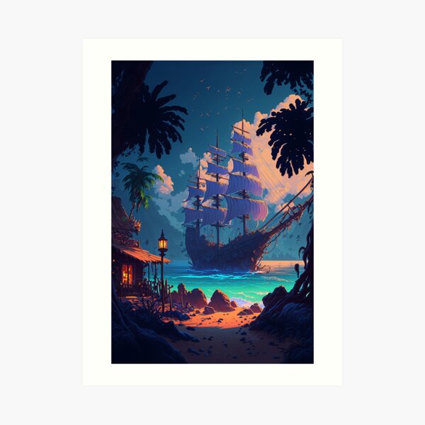 "Tropical Treasure: A Pirate Ship and Village by the Sea" Art Print for ...