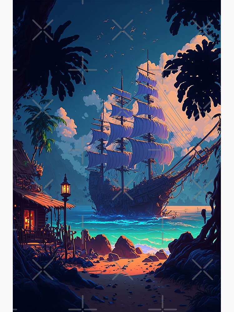 "Tropical Treasure: A Pirate Ship and Village by the Sea" Art Print for ...
