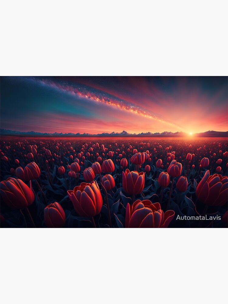 "Infinite Field of Tulips at Sunset with Milky Way Sky" Sticker for ...