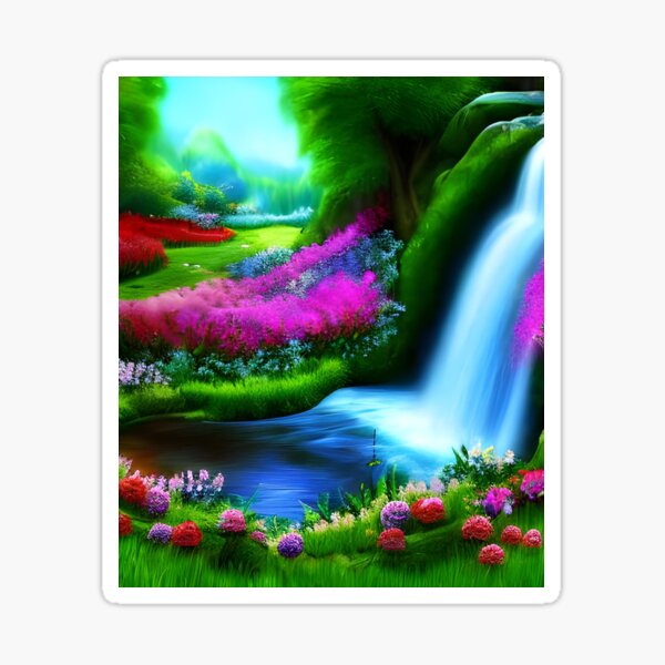 "Landscape with beautiful flowers and waterfalls" Sticker for Sale by ...