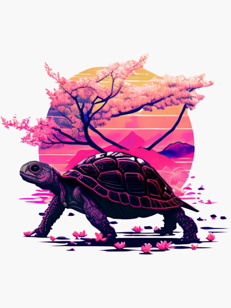 "Turtle walking in front of a vaporwave sunset and Sakura cherry tree ...