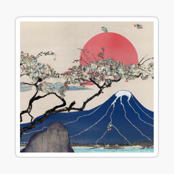 "Traditional Japanese ukiyo-e artwork of a mountain landscape" Sticker ...