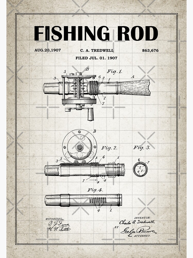 "1907 Fishing Reel Patent - Fishing Rod patent blueprint- vintage ...