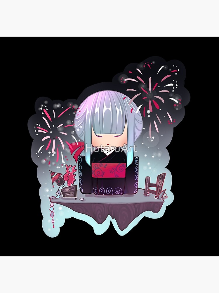 "Japanese Chibi Girl in a Black Furisode Kimono with Fireworks" Poster ...