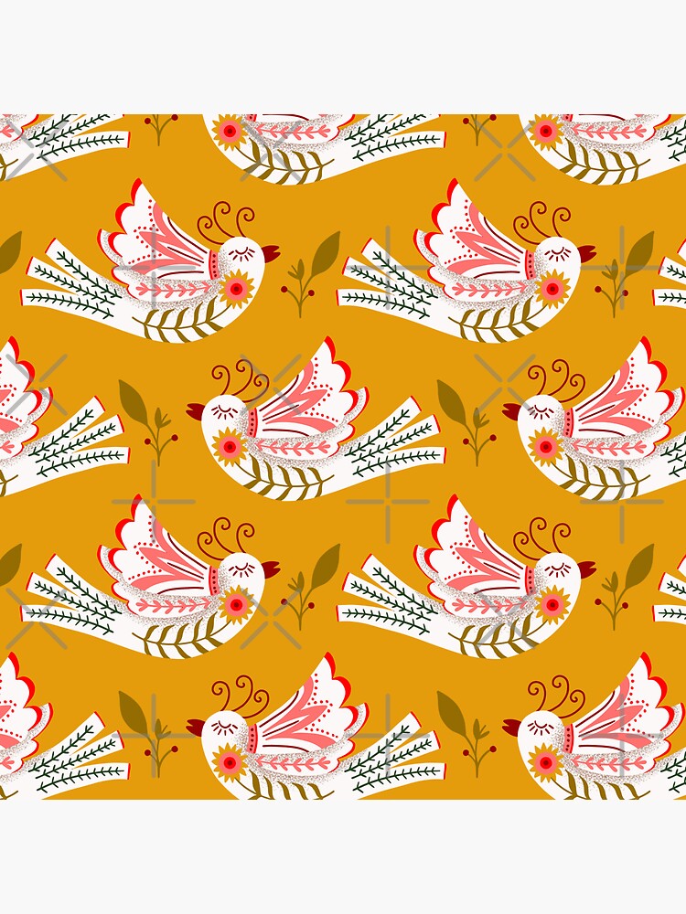 "Folk Art Birds Flying in Yellow Pattern" Sticker for Sale by Farijazz ...