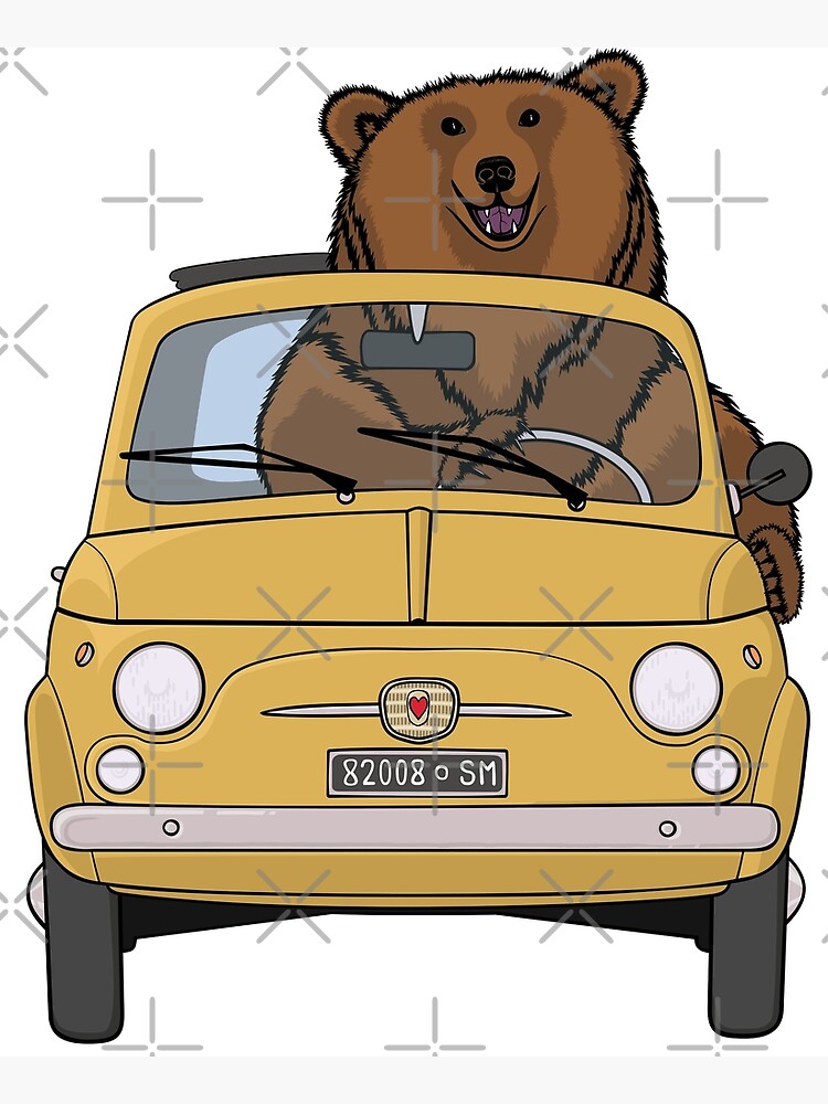 Lámina metálica «Oso pardo conduciendo un amarillo retro Fiat 500» de ...