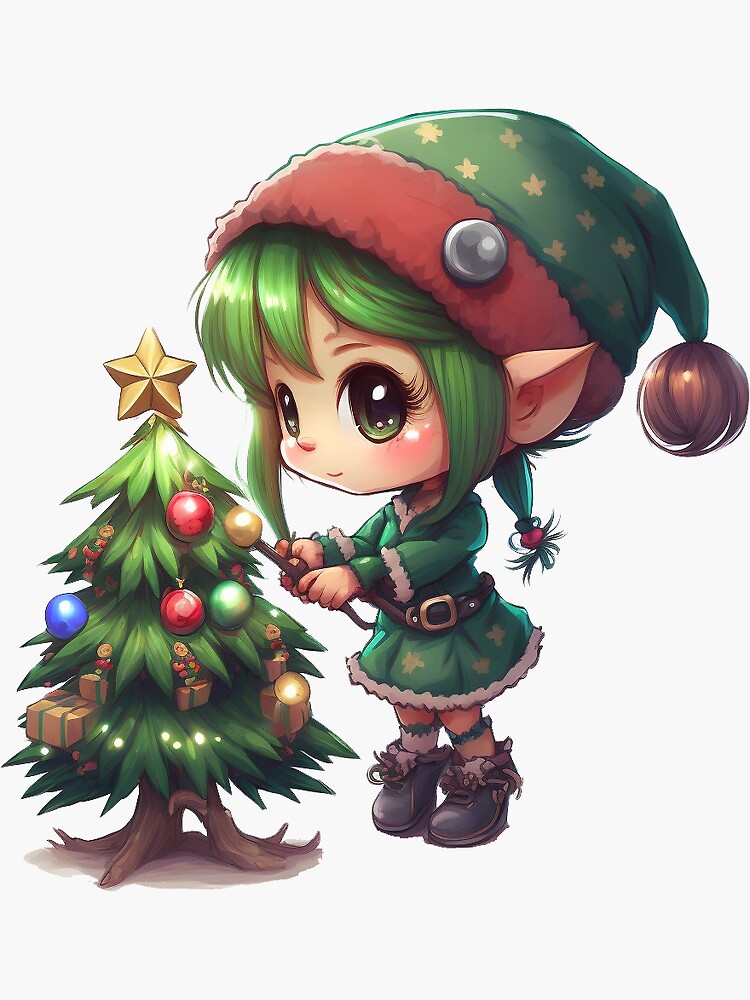 "Chibi Elf Dressing the Christmas Tree" Sticker for Sale by ...