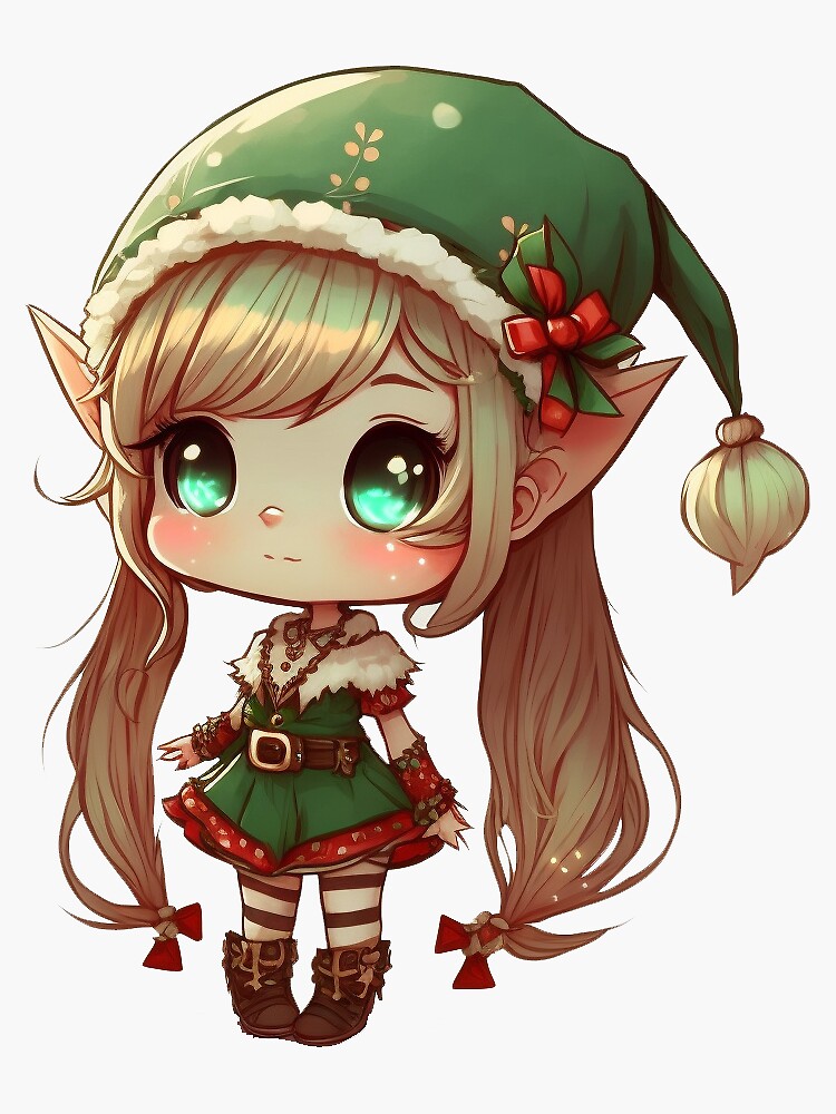 "Festive Chibi Elf" Sticker for Sale by TheChibiStore | Redbubble