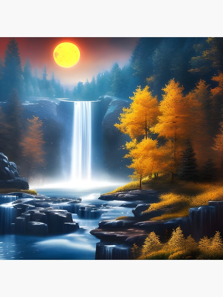 "Waterfall under the moon generated by artificial intelligence" Sticker ...