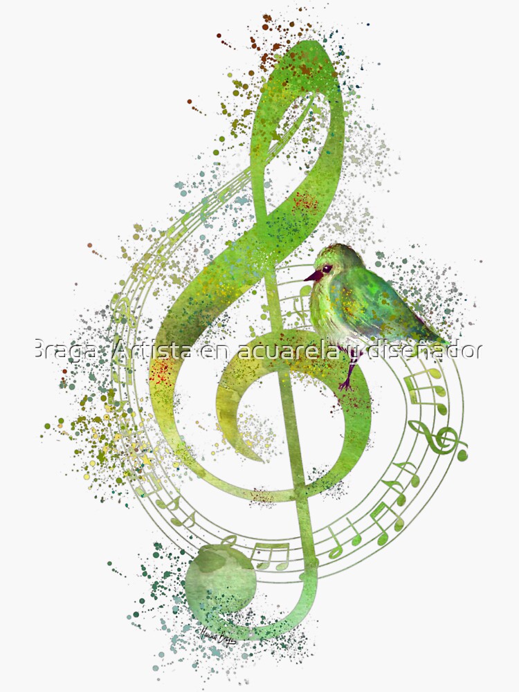 "Treble clef in green watercolor with little bird" Sticker for Sale by ...