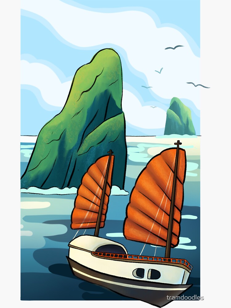 "Red Sail Boat in Ha Long Bay" Sticker for Sale by tramdoodles | Redbubble