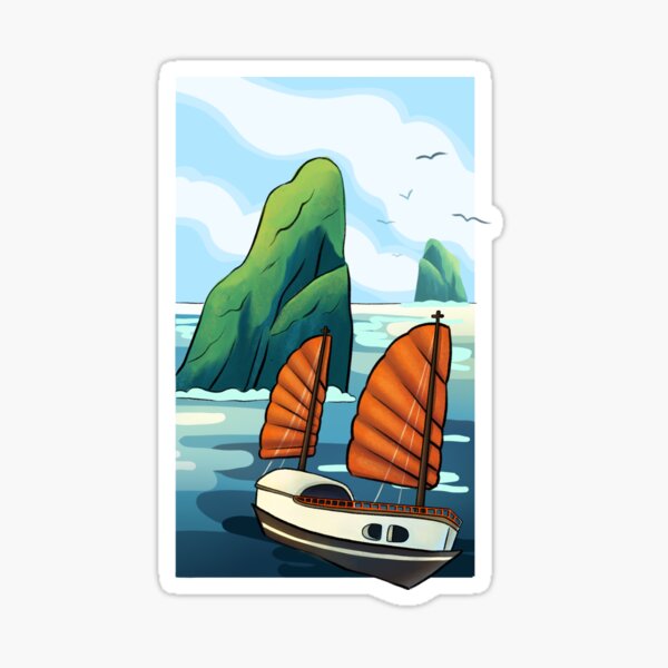 "Red Sail Boat in Ha Long Bay" Sticker for Sale by tramdoodles | Redbubble