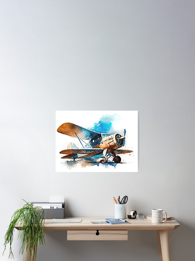 "Watercolor Vintage Airplane, Old Biplane Watercolor Digital Art, Blue ...