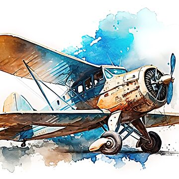 "Watercolor Vintage Airplane, Old Biplane Watercolor Digital Art, Blue ...