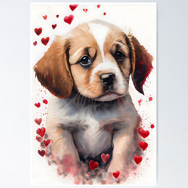 "Adorable Cute Valentine Puppy with Red Hearts" Poster for Sale by ...