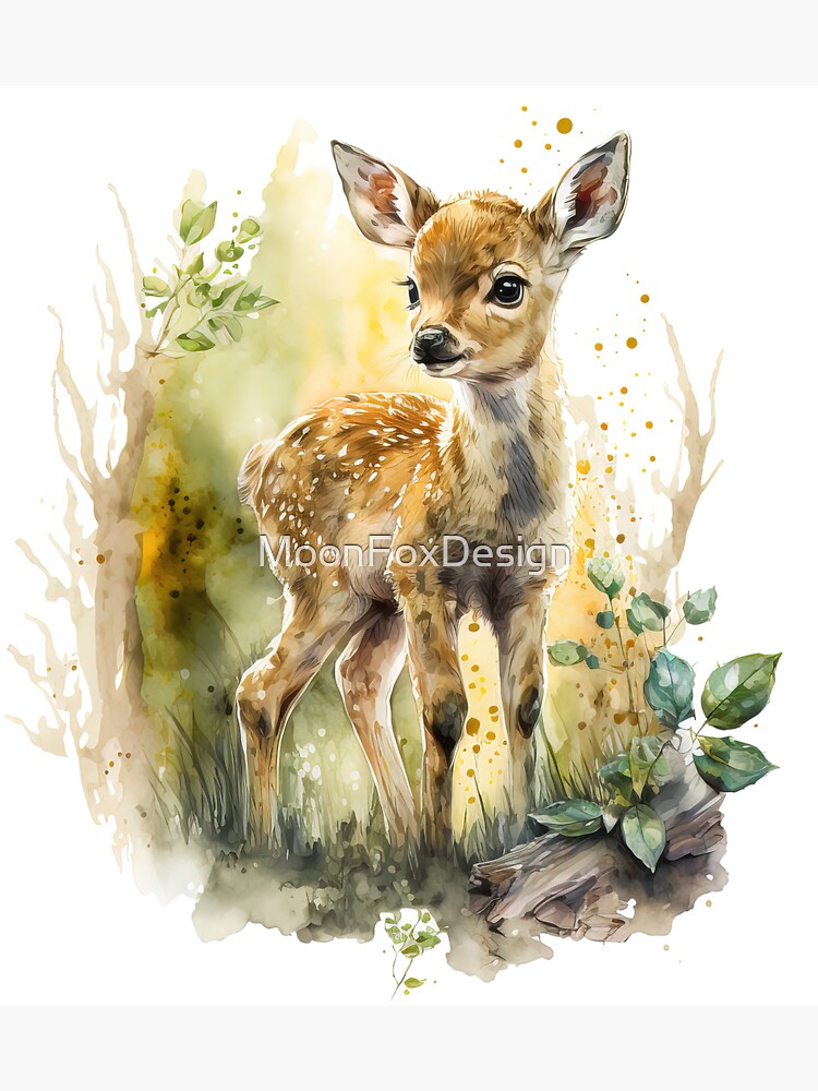 "Watercolor Baby Deer, Standing in the Summer Forest Cute Fawn" Sticker ...